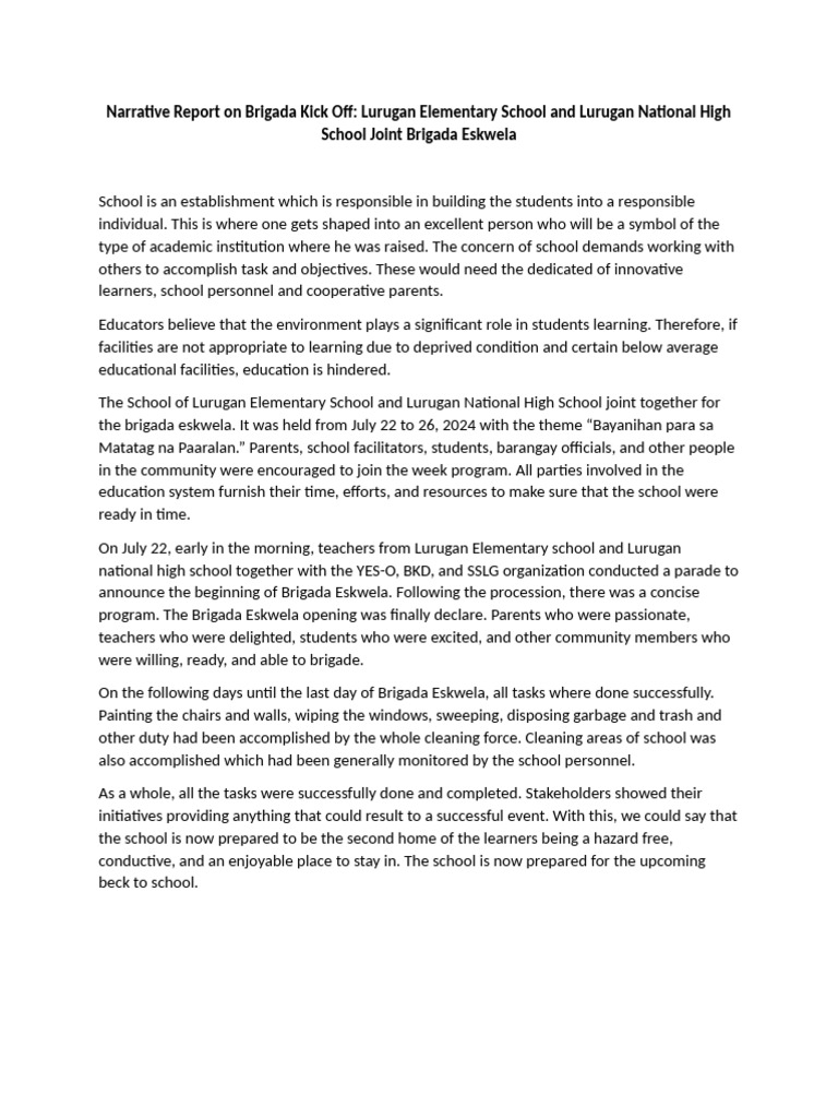 Yes-O Narrative Report On Brigada Eskwela | PDF