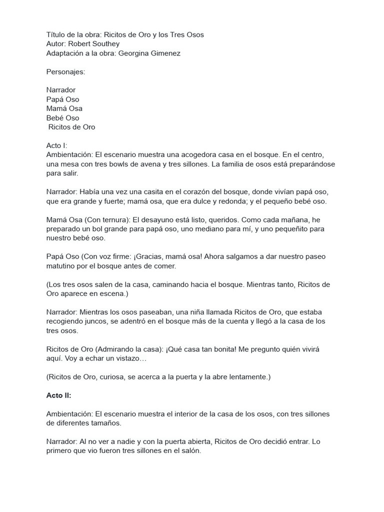 Obras para Teatro de Títeres 2° | PDF | Ricitos de oro y los tres osos | Osos