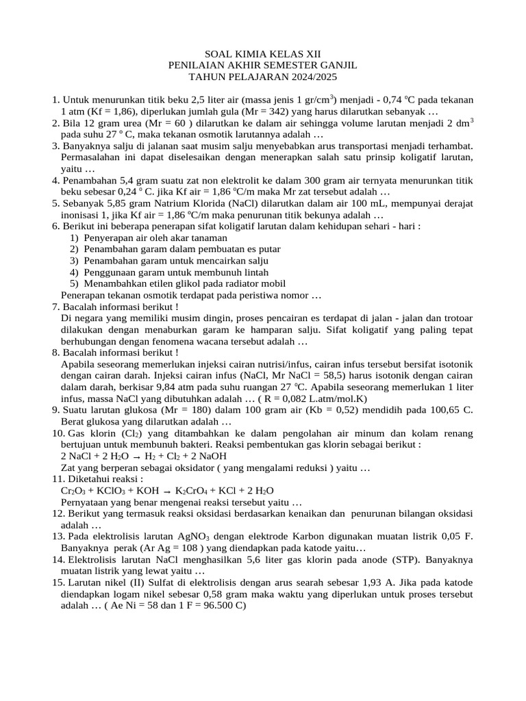 Kisi-Kisi - Soal Kimia - KLS Xii Ipa | PDF