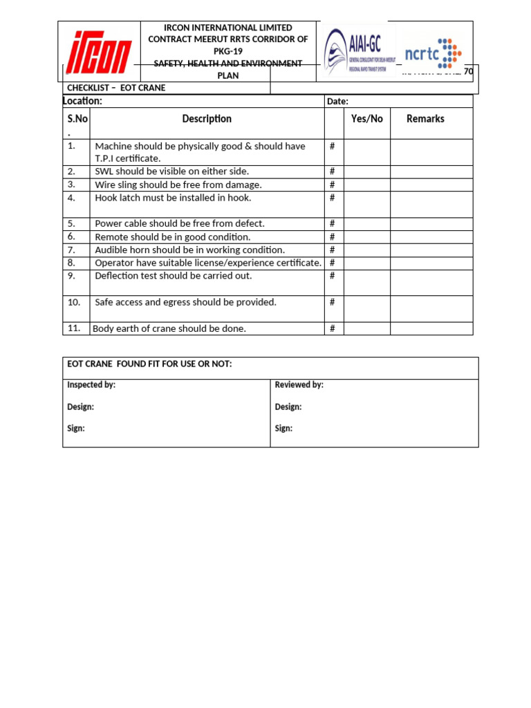 EOT Crane Inspection Checklist | PDF