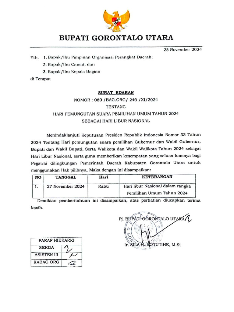 Surat Pemberitahuan Libur Nasional Pilkada Serentak | PDF