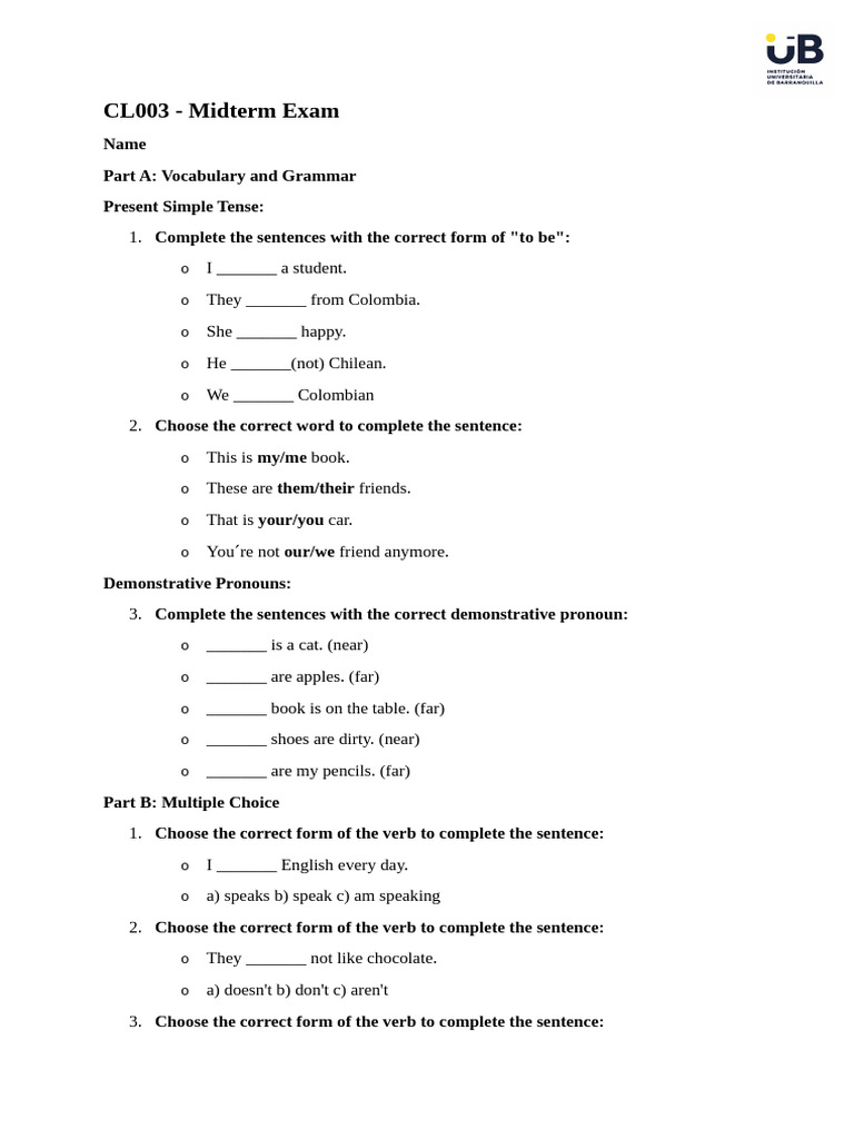 English Midterm Exam: Grammar Focus | PDF | Languages | Foreign ...