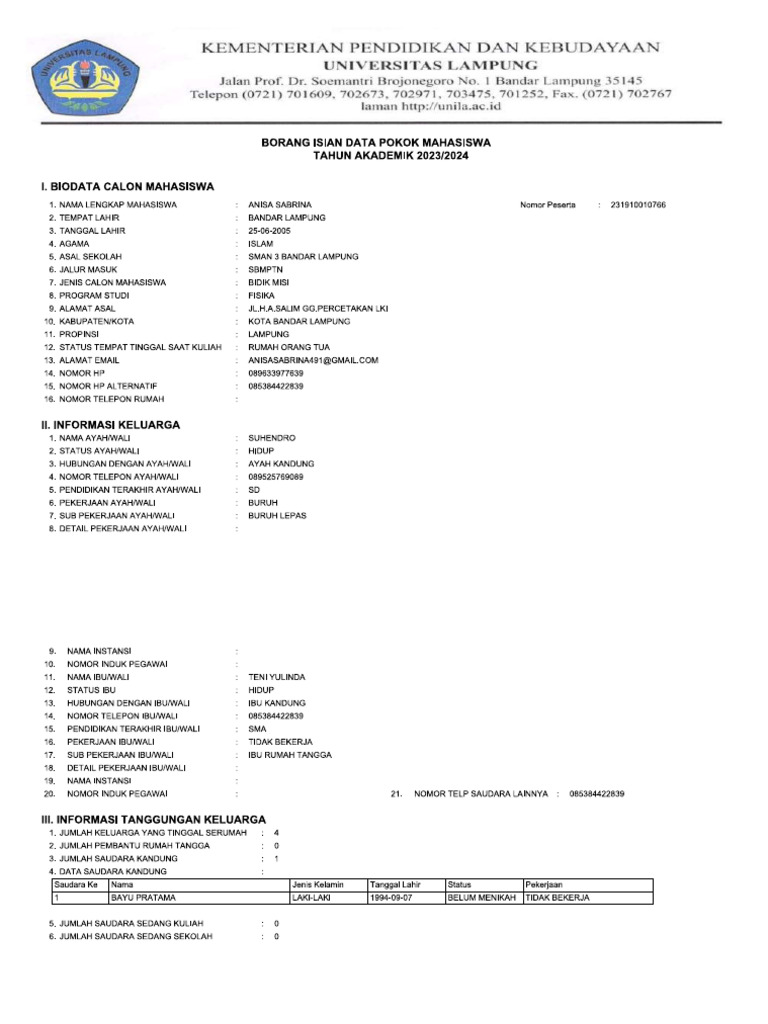 Borang Isian Data Pokok Mahasiswa | PDF