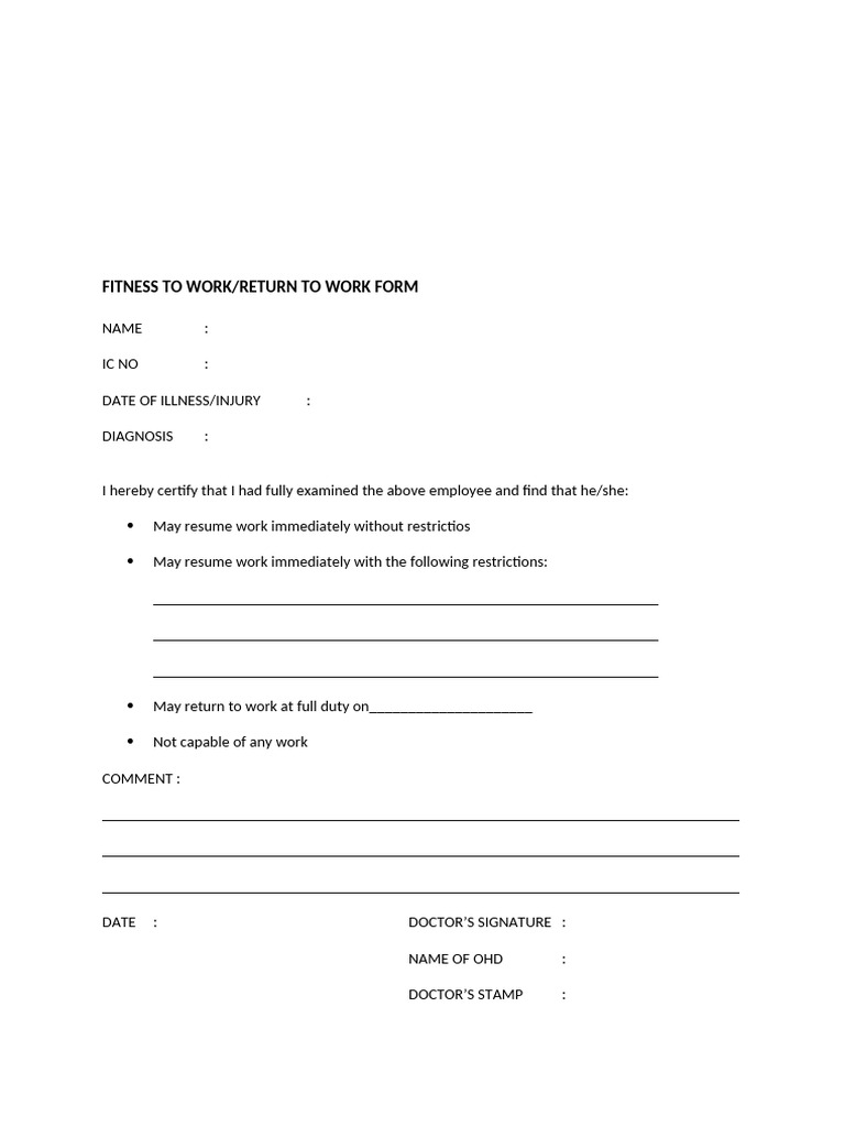 Fitness To Work Form | PDF