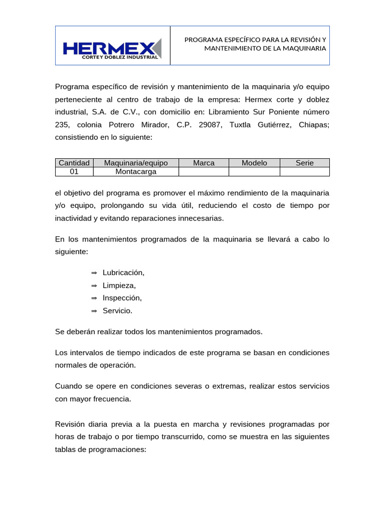 Programa Específico Para La Revisión Y Mantenimiento De La Maquinaria