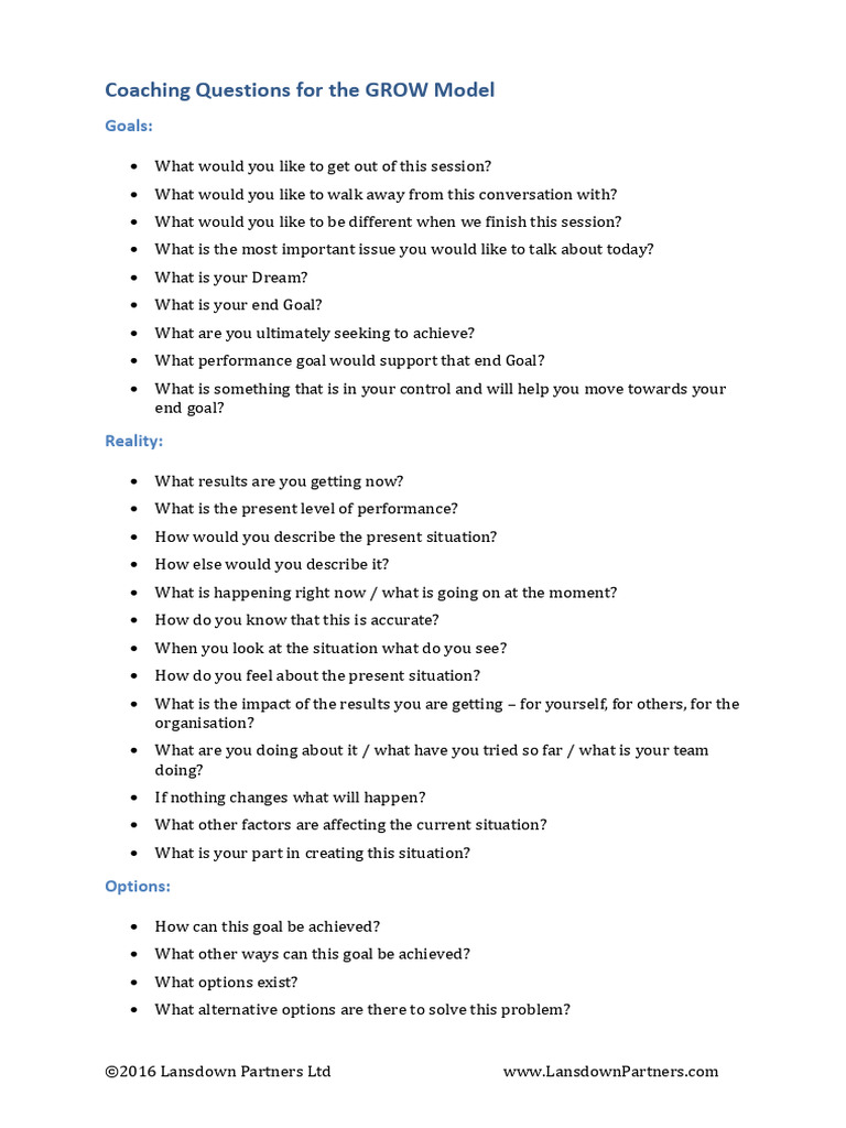 GROW Coaching Questions | PDF | Goal