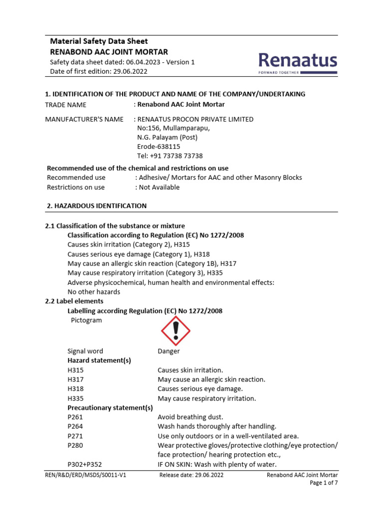 Renabond AAC Joint Mortar MSDS | PDF | Personal Protective Equipment ...