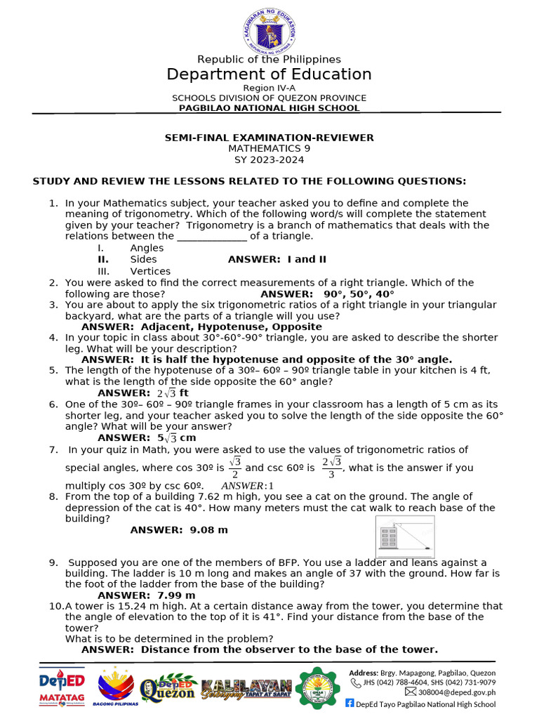 G9 Math Semi Finals REVIEWER 23 24 | PDF | Triangle | Trigonometry