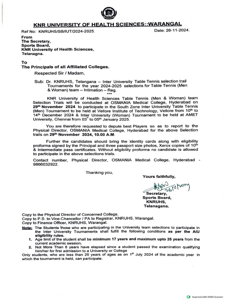 KNRUHS Table Tennis Request Letter | PDF