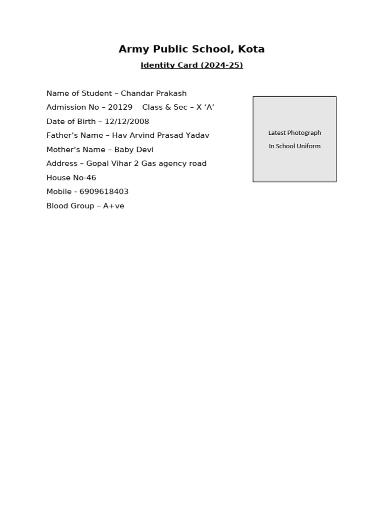 Student Identity Card Formate | PDF