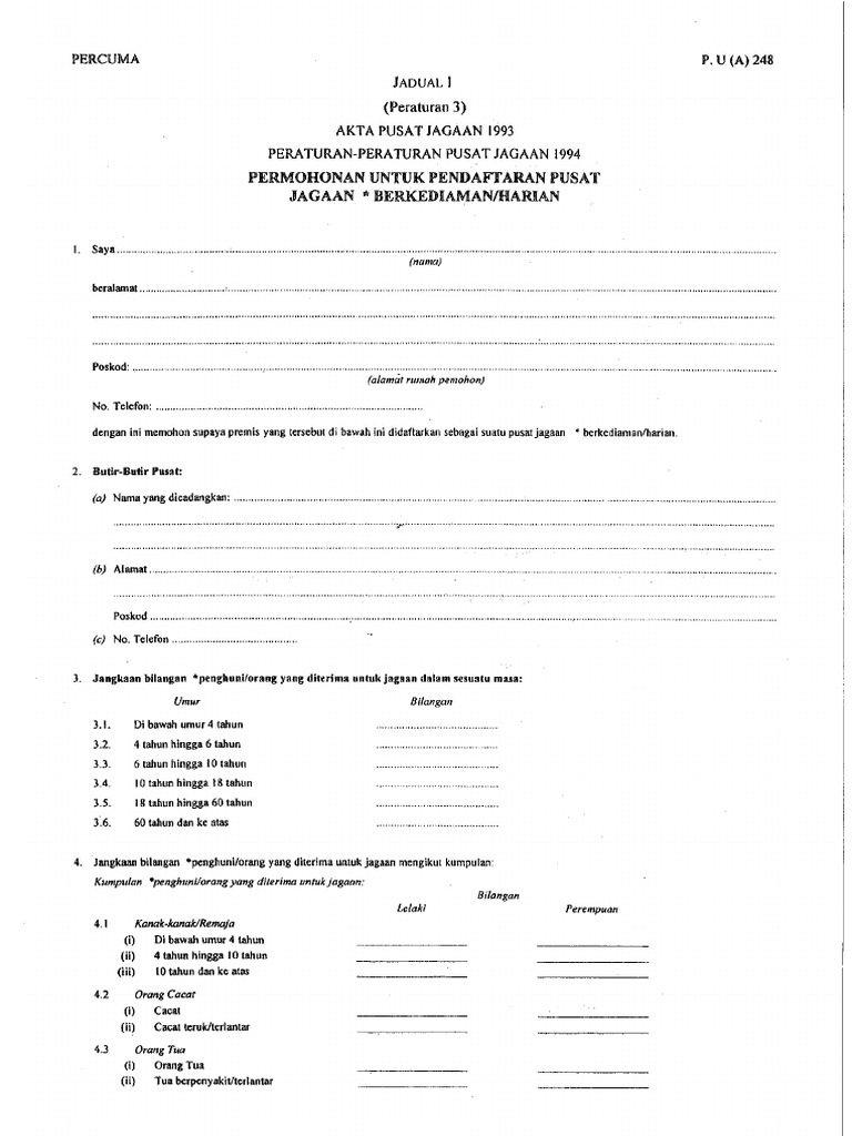 Borang Permohonan Pusat Jagaan | PDF