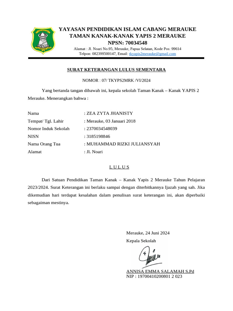 Surat Keterangan Lulus TK YAPIS 2 Merauke | PDF