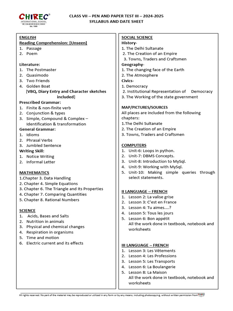 Class-7-Pt3 Syllabus and Datesheet | PDF