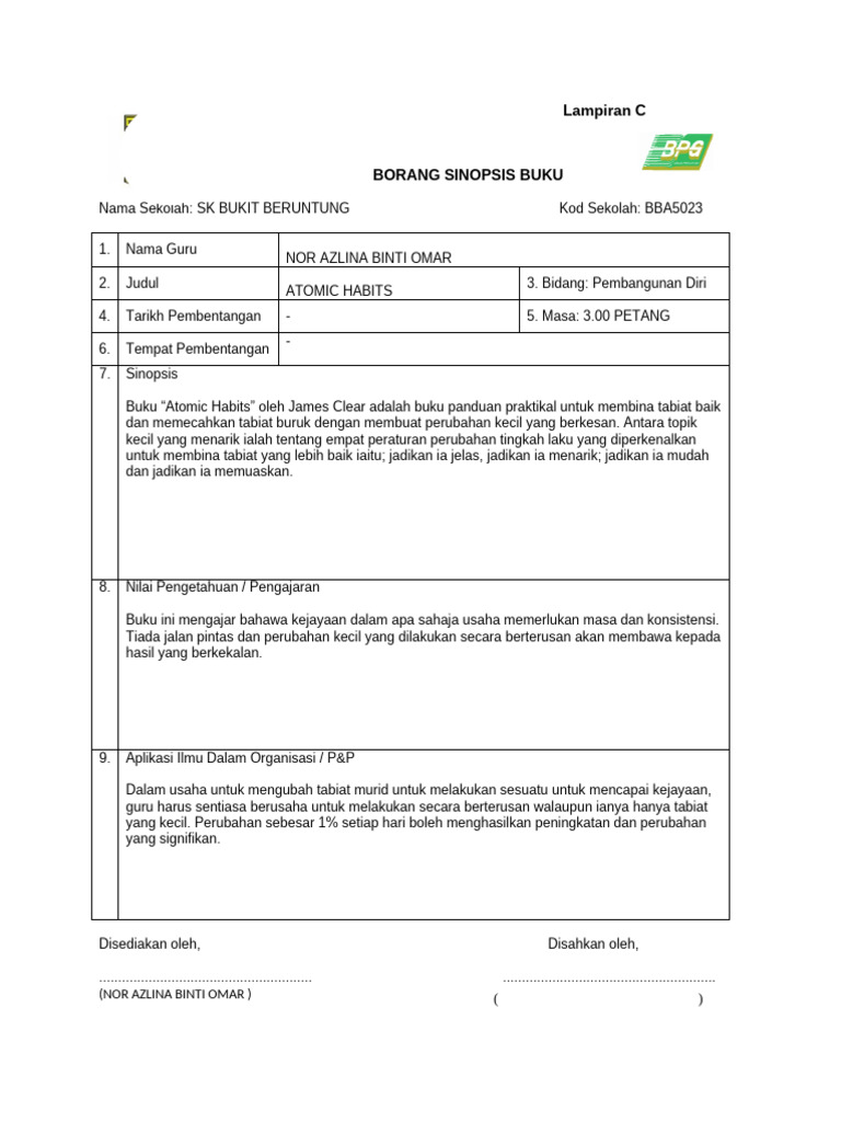 Sinopsis Atomic Habits Nor Azlina 2024 | PDF