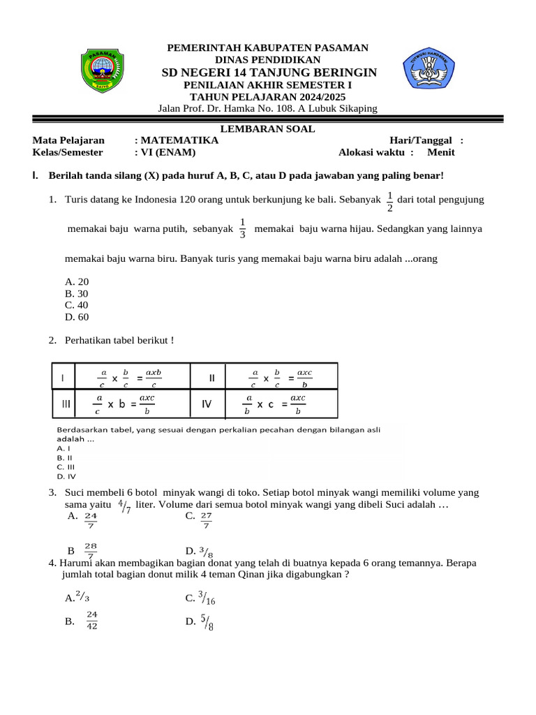 Soal Sas 1 MTK KLS 6 | PDF
