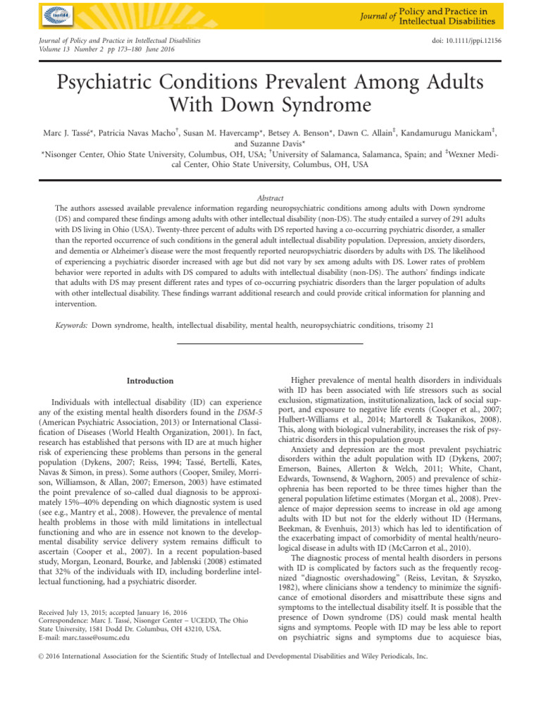 Policy Practice Intel Disabi - 2016 - Tassé - Psychiatric Conditions ...