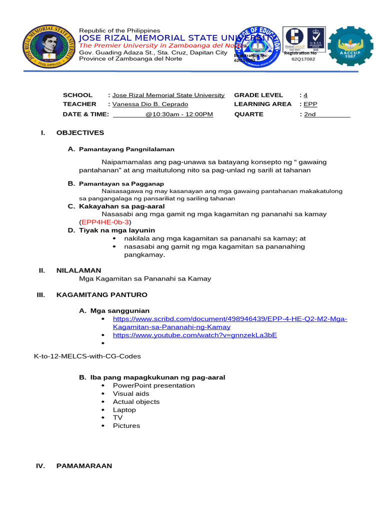 EPP Lesson Plan For TTL-2 | PDF