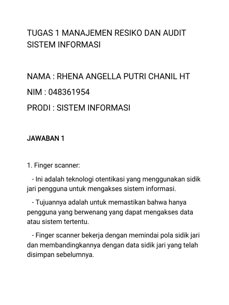 Tugas 1 Manajemen Resiko Dan Audit Sistem Informasi | PDF