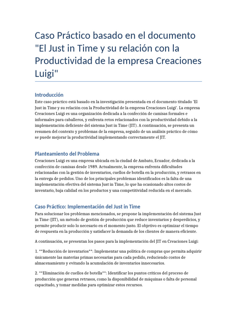 Caso Practico Just in Time Creaciones Luigi | PDF | Lean Manufacturing ...