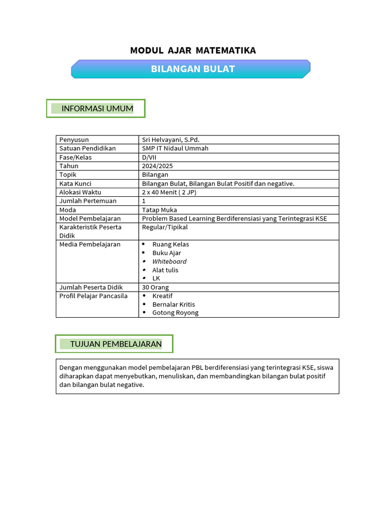 Modul Ajar MTK Kelas 7 | PDF