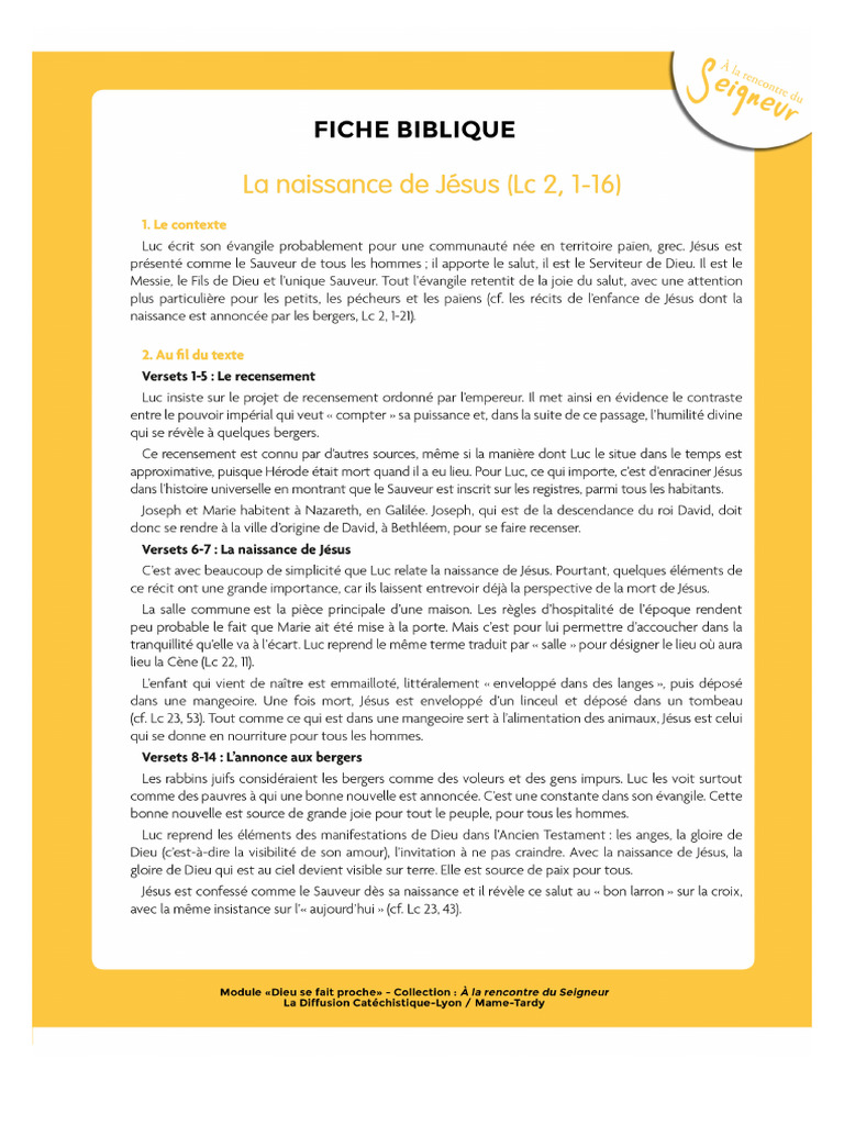 Fiche-La Naissance de Jésus (LC 2, 1-16) | PDF