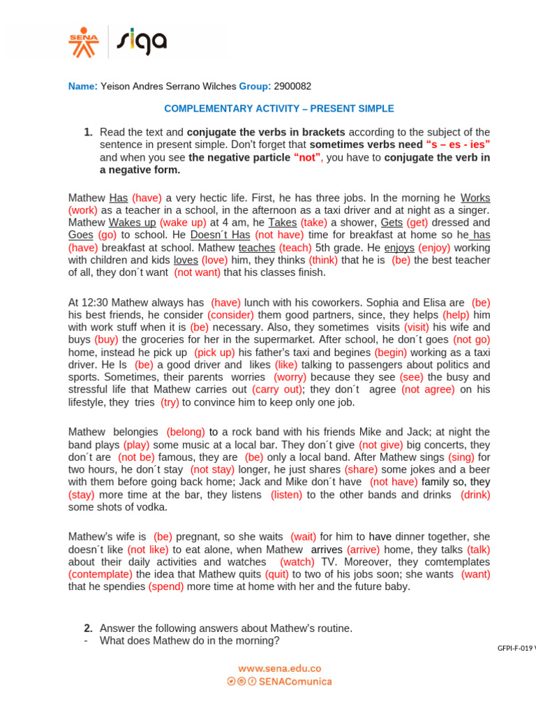 Activity - Reading in Present Simple Yeison | PDF | Syntax | Grammar