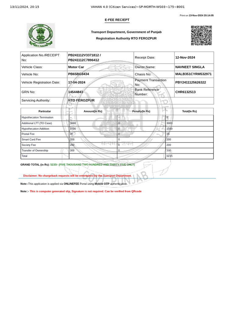 Vahan 4.0 (Citizen Services) Sp-Morth-Ws03 175 8001 | PDF | Receipt ...