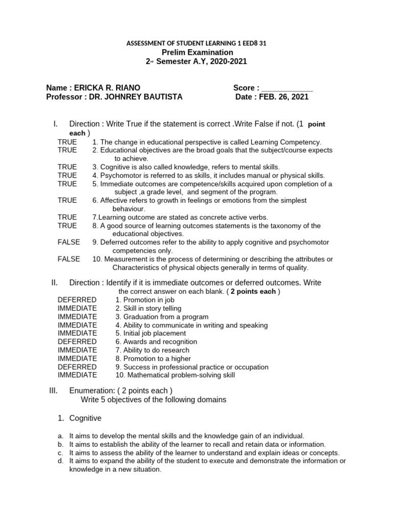 Assessment Prelim | PDF | Educational Assessment | Learning