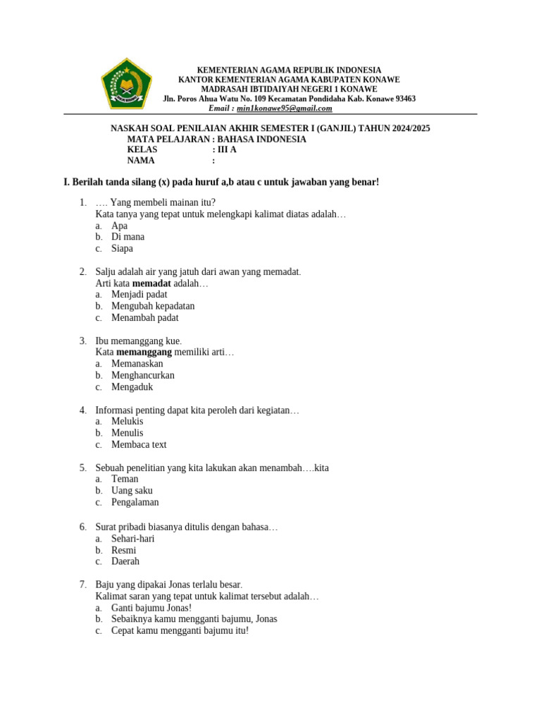 Soal BHS Indonesia Kelas 3 THN 2024 | PDF