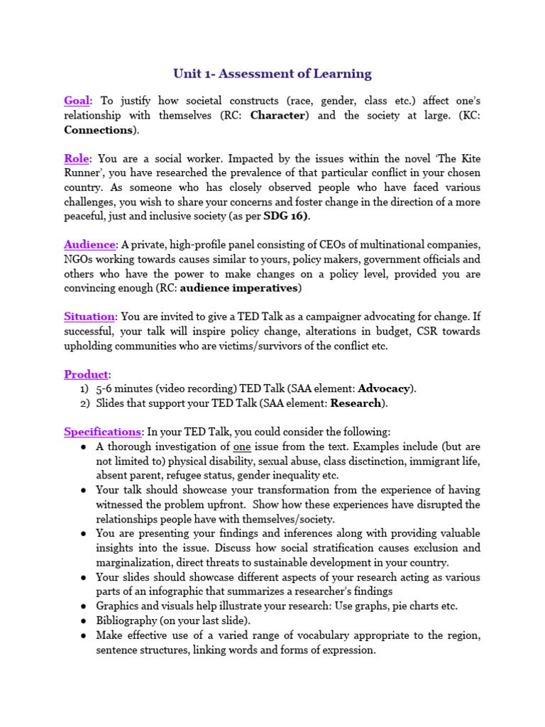 Grade 10 Unit 1 - Assessment of Learning | PDF