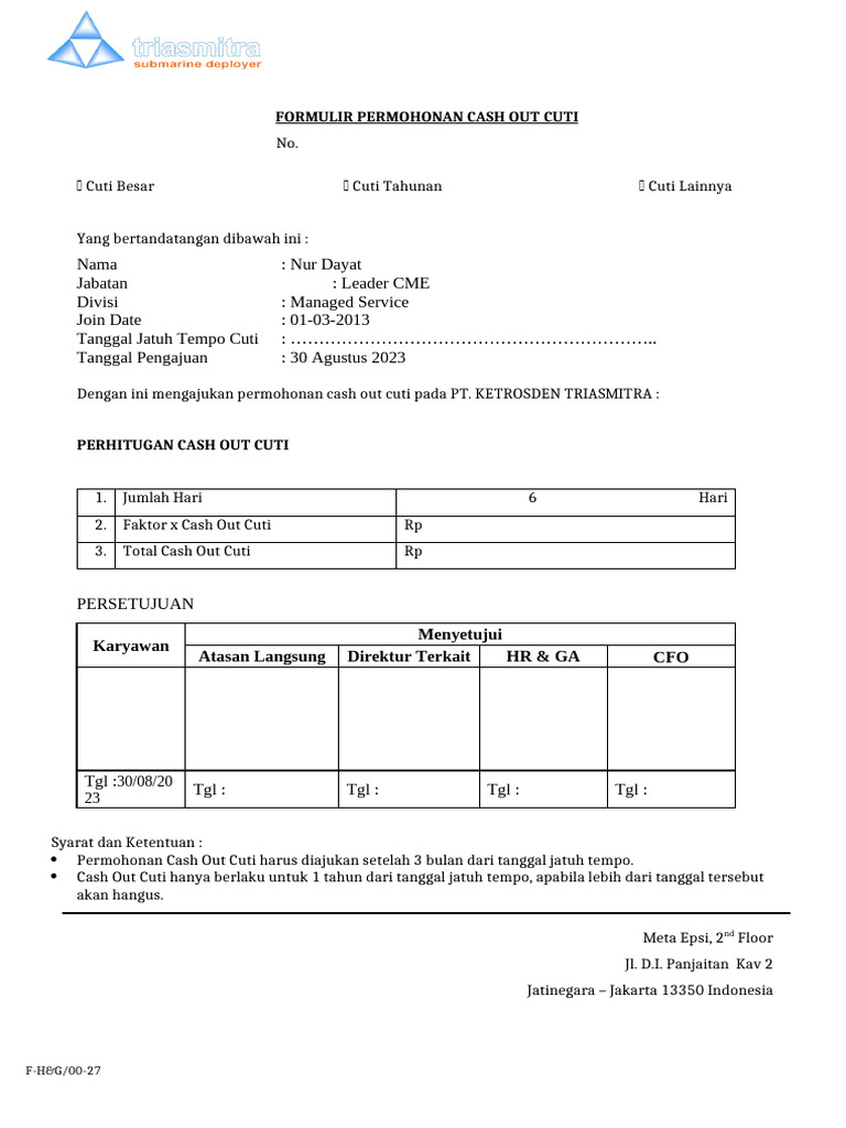 Permohonan Cash Out Cuti Karyawan | PDF