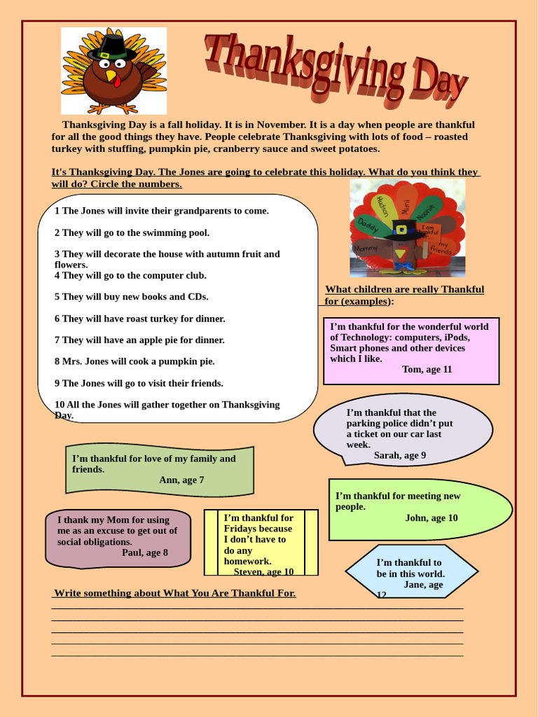 Thanksgiving Day Reading Comprehension Exercises - Level - 3 | PDF ...
