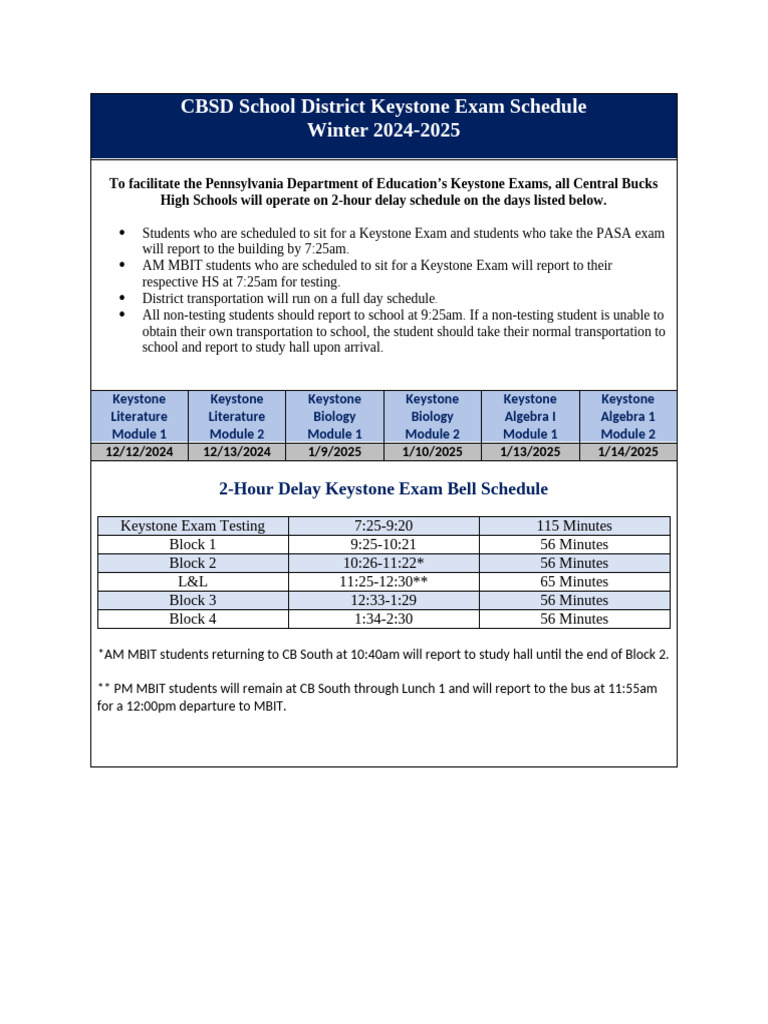 Winter Keystone Exam Schedule 2024-2025 | PDF