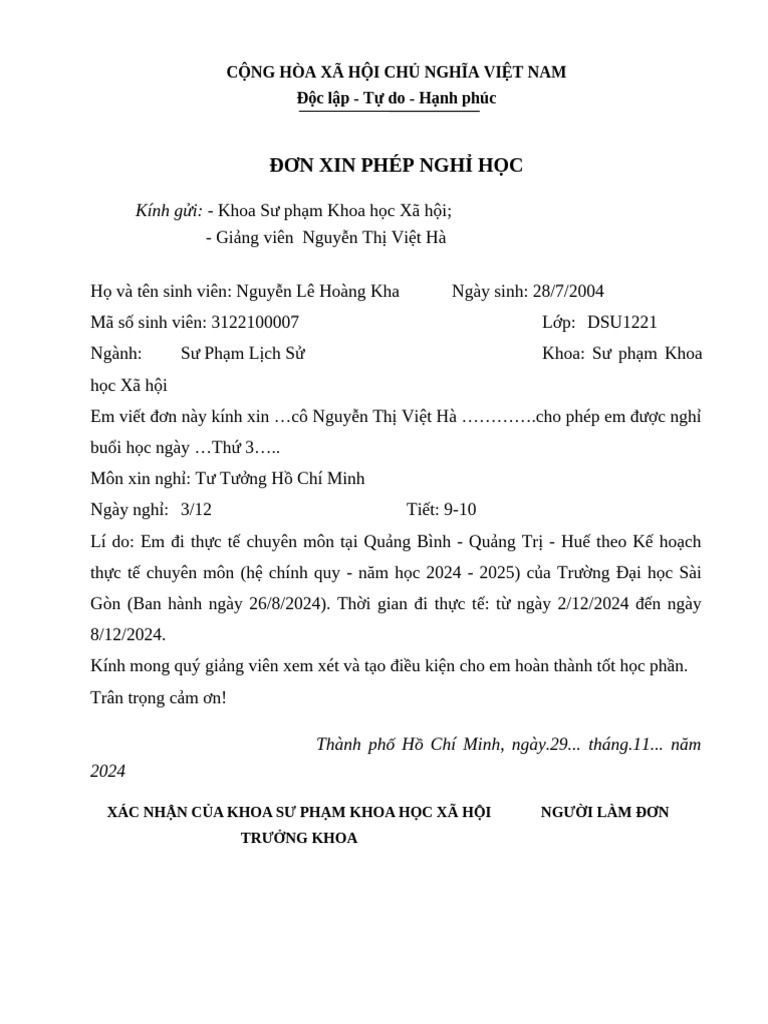 ĐƠN XIN NGHỈ HỌC TTCM | PDF