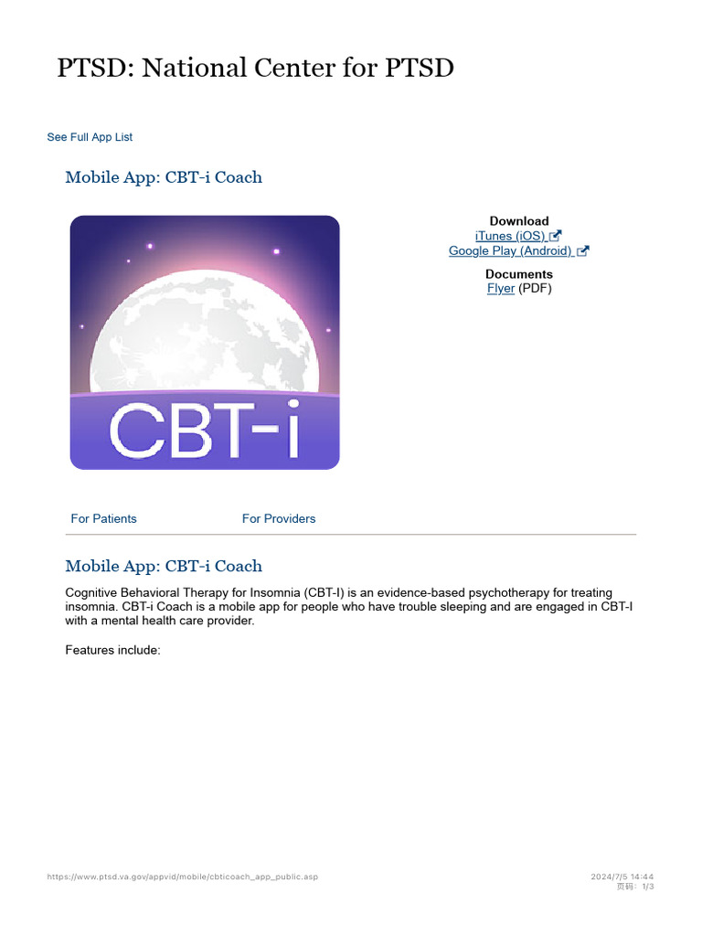 Mobile App - CBT-i Coach - PTSD - National Center For PTSD | PDF | Insomnia | Psychotherapy