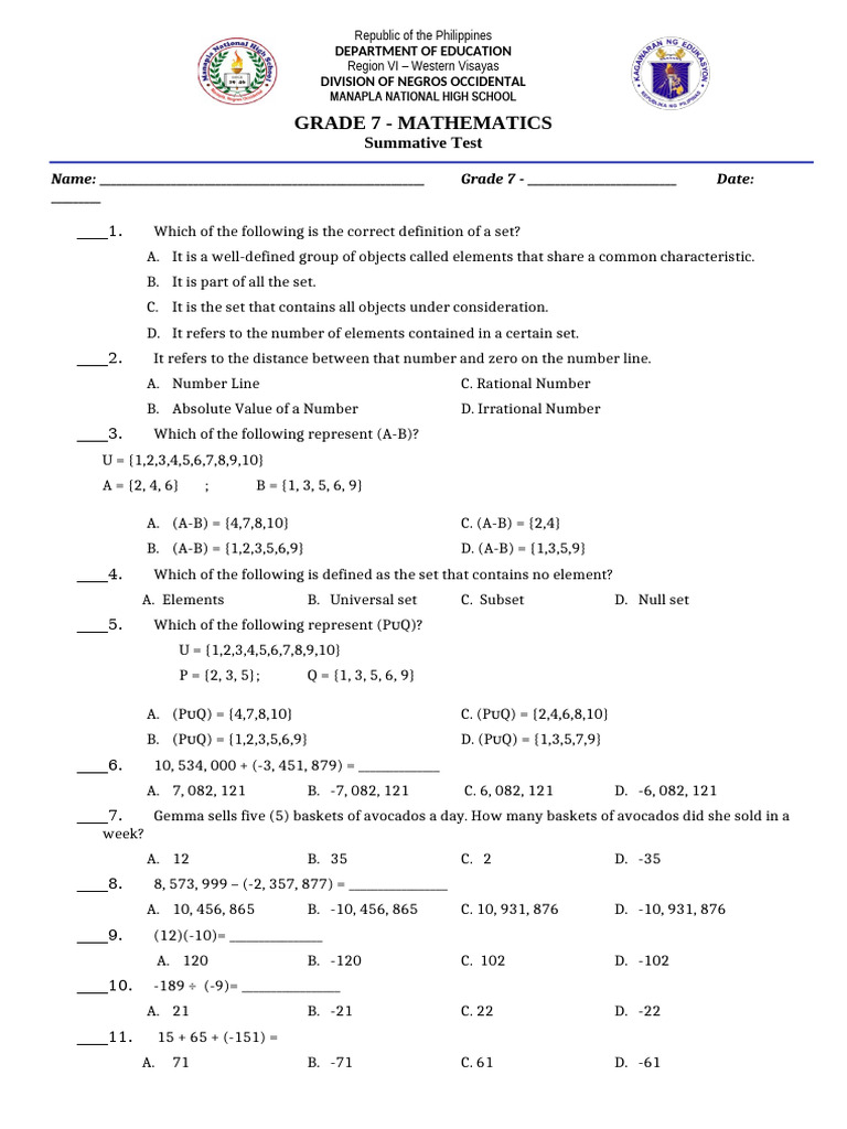 G7 Worksheet MathQ1 Edited | PDF | Numbers | Rational Number