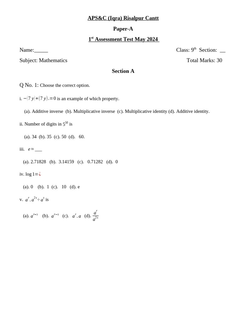 1st Assessment 9th Paper A & B | PDF | Complex Analysis | Mathematical ...