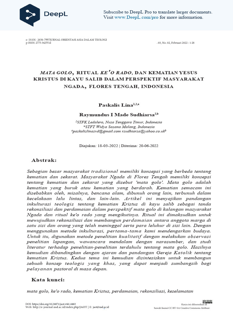 Lina and Sudhiarsa - 2022 - Mata Golo, The Ke'o Rado Ritual, and The Death of Jesus Christ On ...