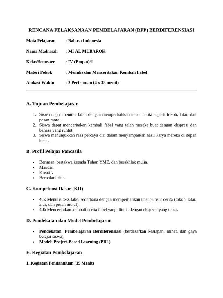 RPP Bindo Berdiferensiasi Kelas 4 | PDF