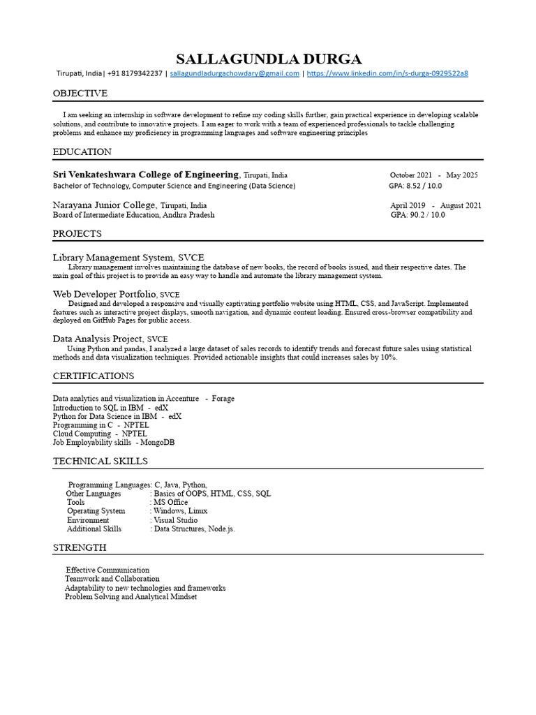 SALLAGUNDLA DURGA RESUME Persoal | PDF | Computer Programming | Data Science
