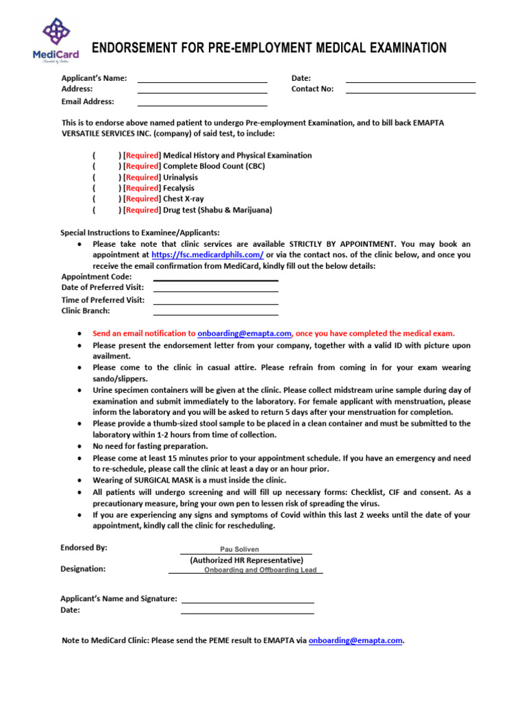 Endorsement Letter For PEME | PDF | Physical Examination | Tests