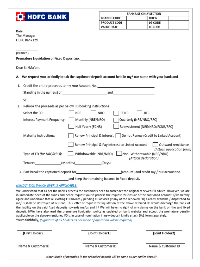 Fixed Deposit Premature Liquidation Request | PDF | Banks | Financial ...