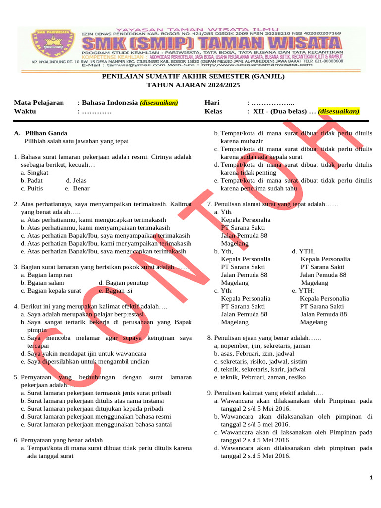 Format Soal PAT - Ganjil - 2024-2025 | PDF