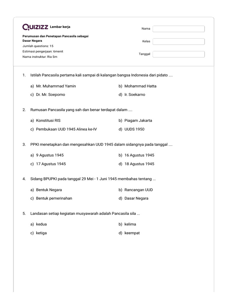 Perumusan Dan Penetapan Pancasila Sebagai Dasar Negara - Quizizz | PDF Perumusan Dan Penetapan Pancasila Sebagai Dasar Negara - Quizizz | PDF