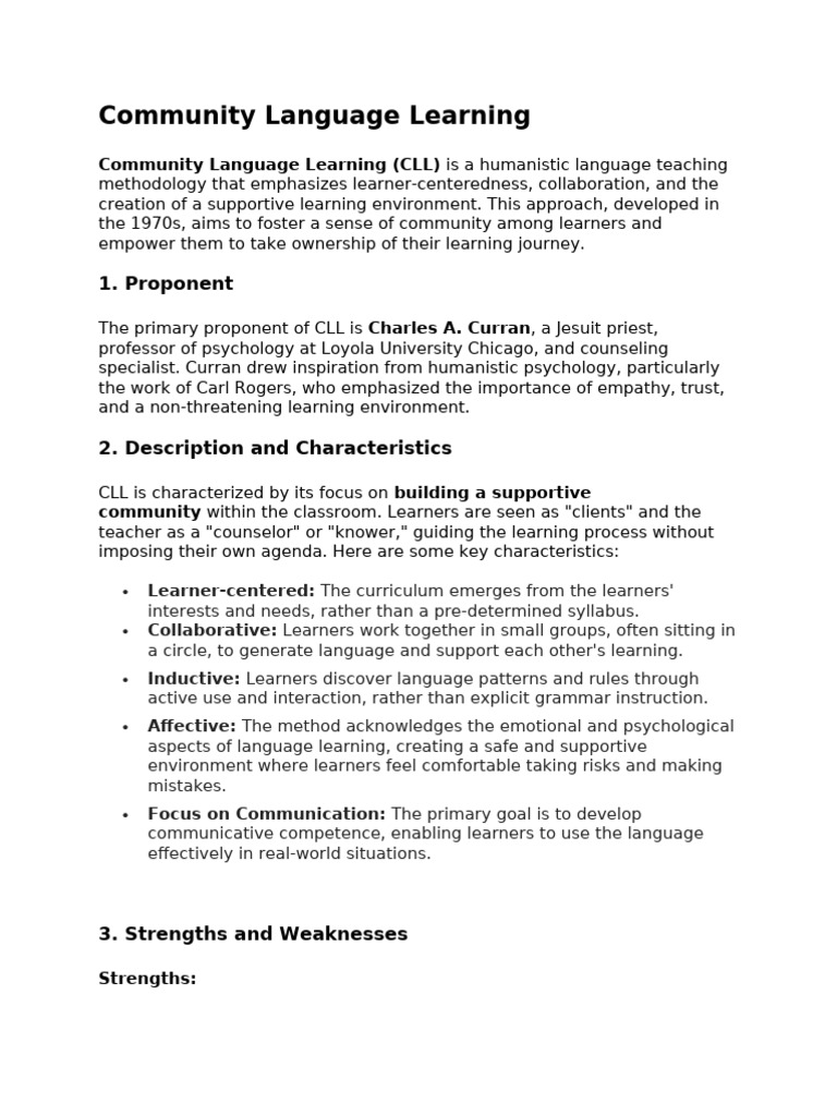 Community Language Learning | PDF | Learning | Educational Technology Community Language Learning | PDF | Learning | Educational Technology