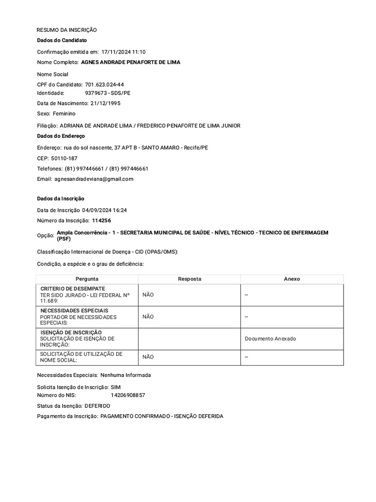 Inscrição de Agnes Andrade para Concurso | PDF