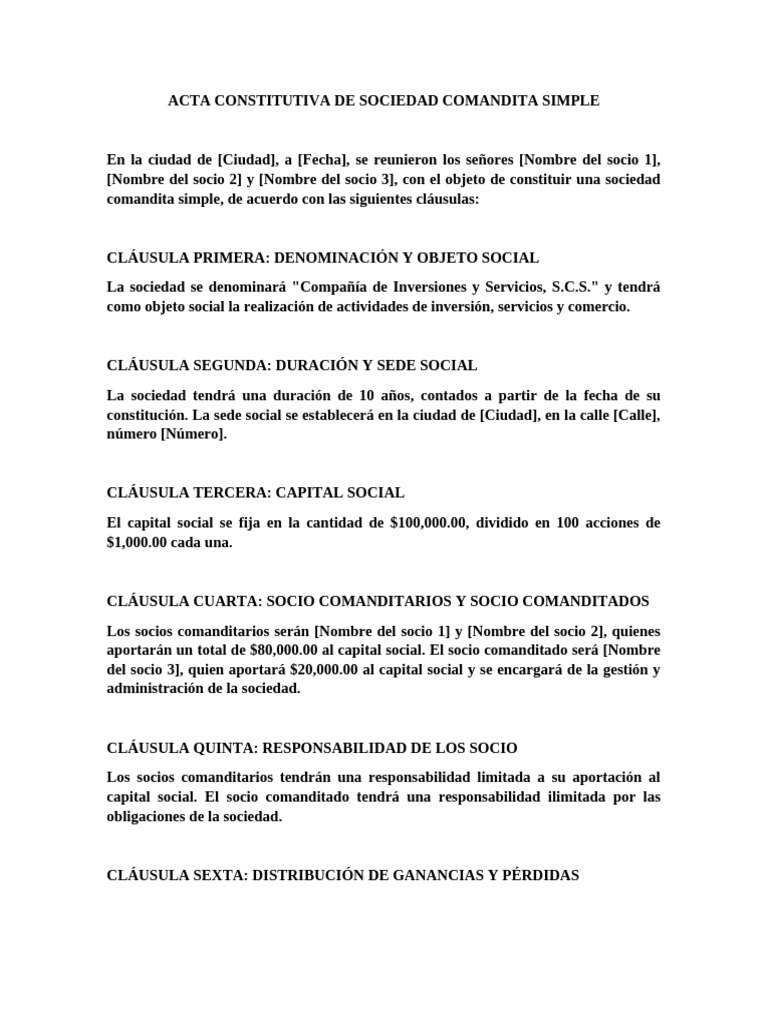 Acta Constitutiva de Sociedad Comandita Simple | PDF