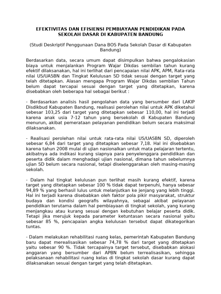 Efektivitas Dan Efisiensi Pembiayaan Pendidikan Pada Sekolah Dasar Di Kabupaten Bandung | PDF