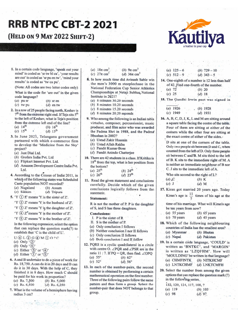 RRB NTPC Model Paper | PDF