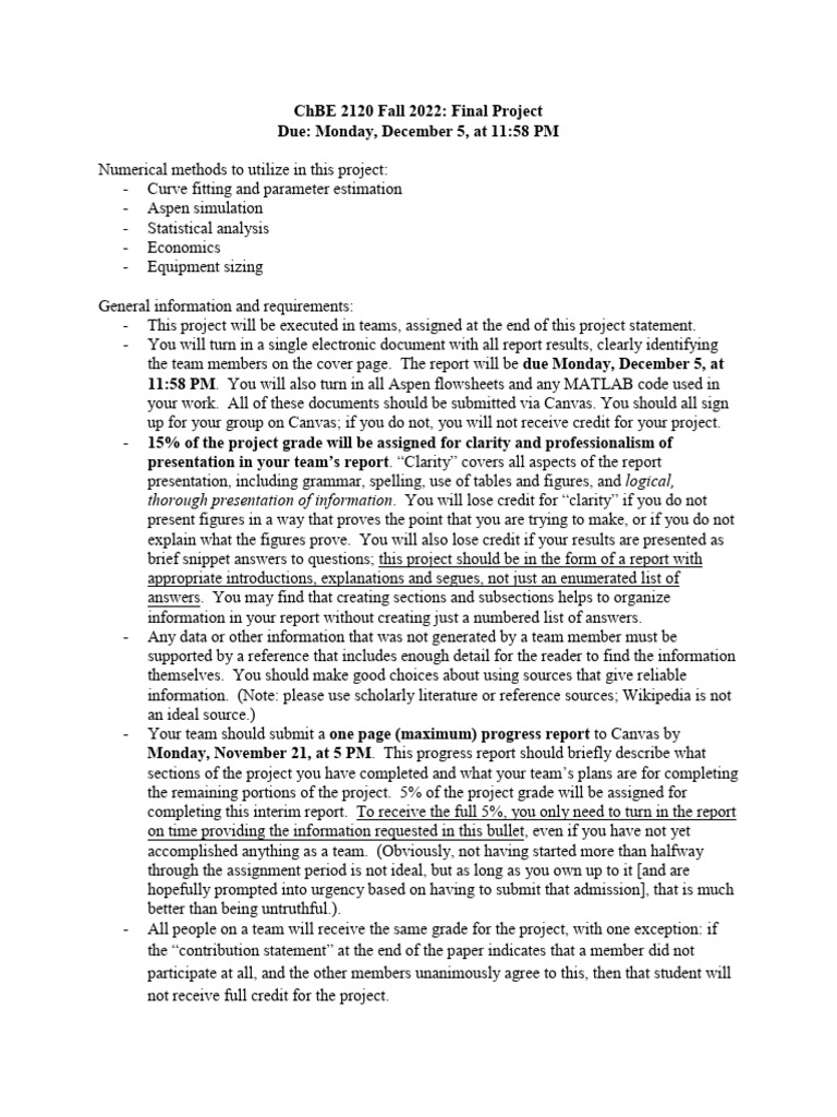 Chbe 2120 Fall 2022 Project | PDF | Biodiesel | Chemical Reactor